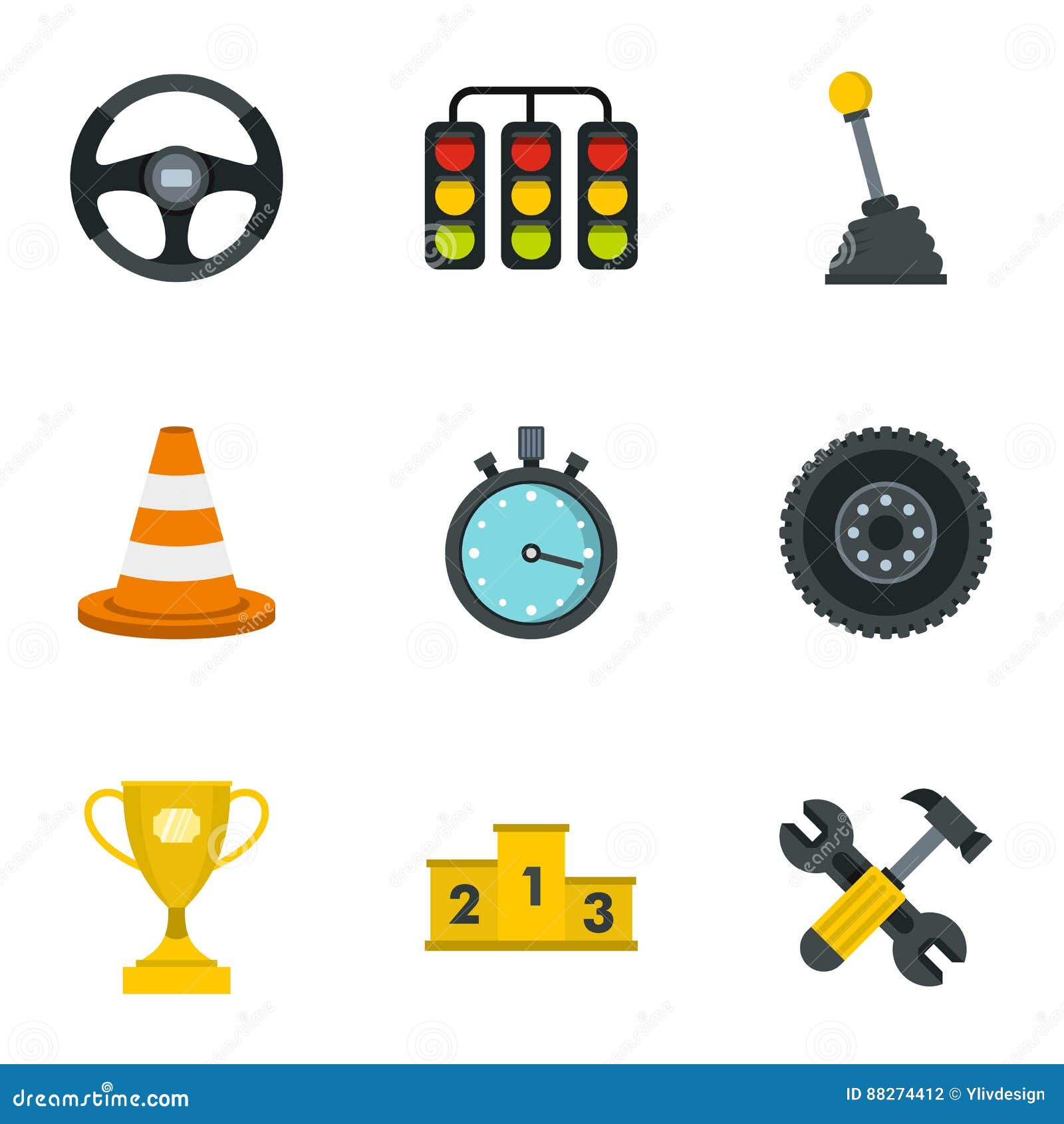 Car Racing Icons Set, Flat Style Stock Vector - Illustration of light ...