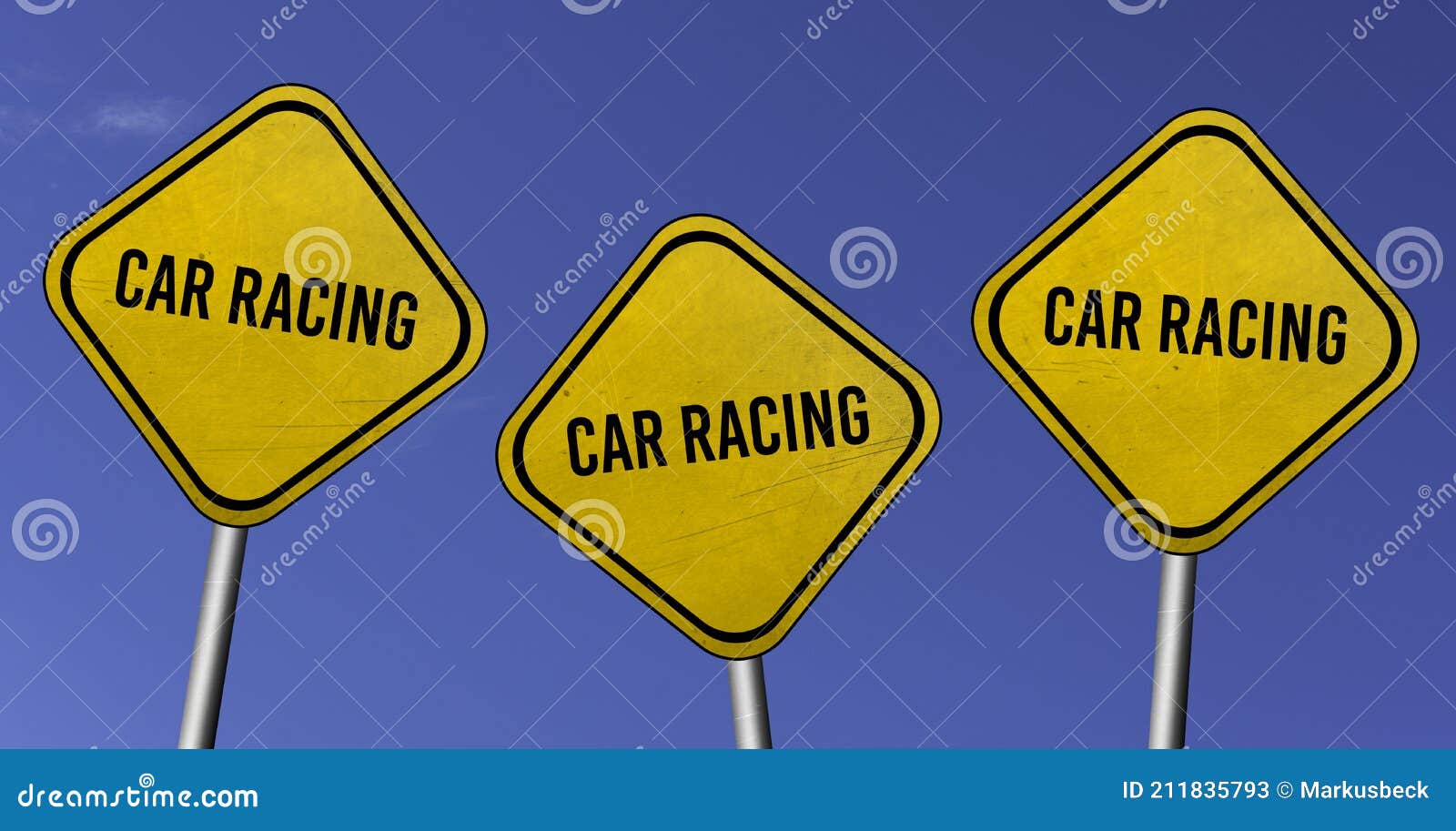 Car Racing - Three Yellow Signs with Blue Sky Background Stock Image ...