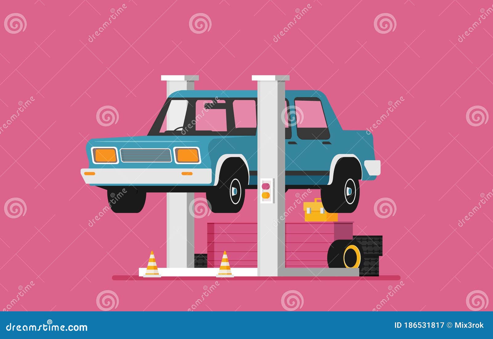 Car Repair. Car Lifted on Auto Lift Stock Vector - Illustration of ...