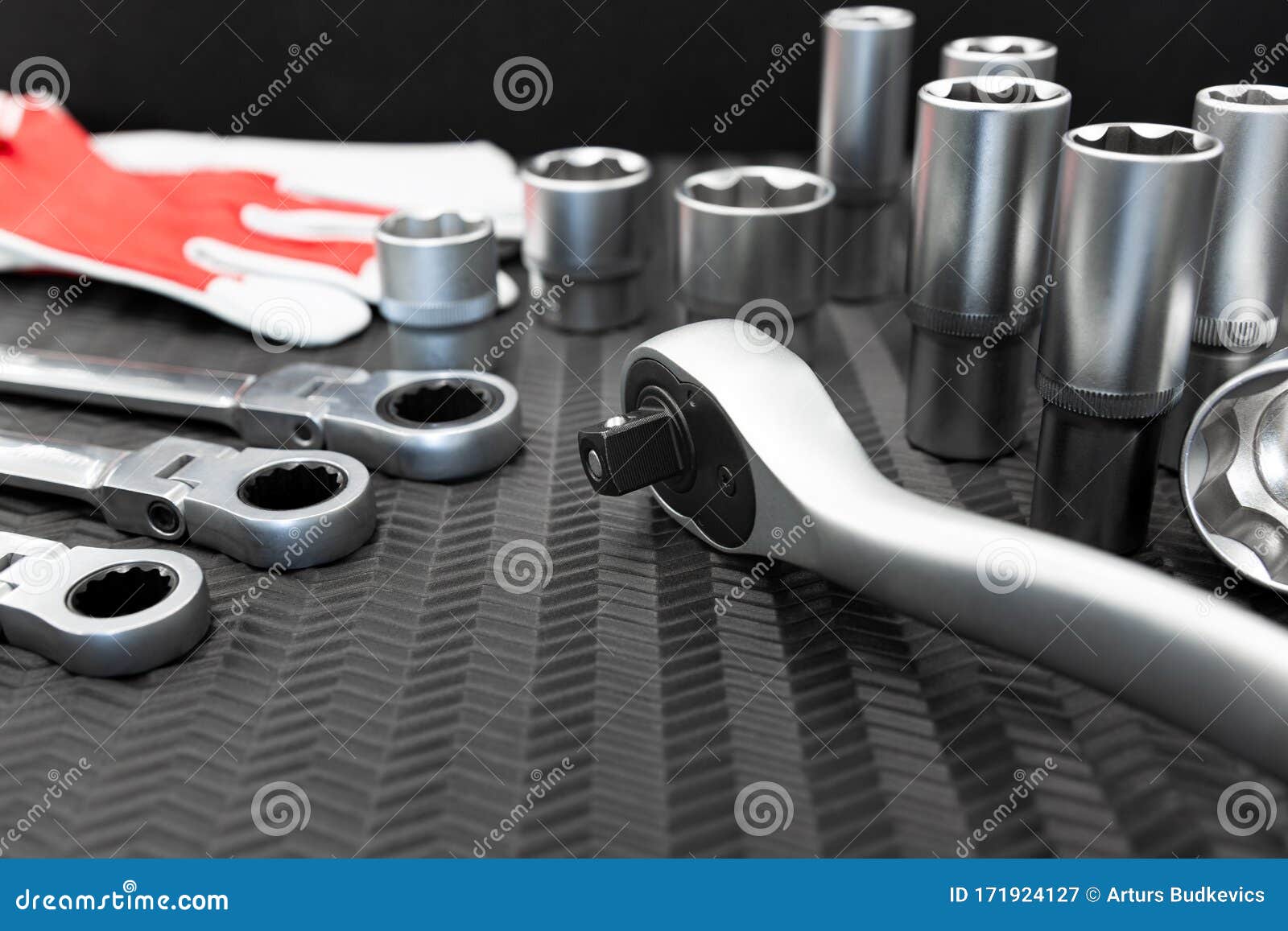 Car Repair Tools, Wrench Tool Set on a Black Texture Background Stock ...
