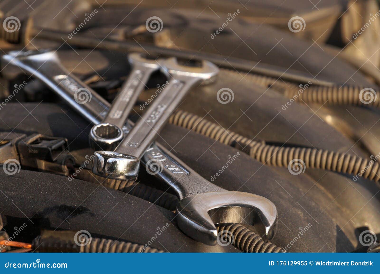 Car Repair Workshop. Wrenches for Repair Lying in the Engine ...