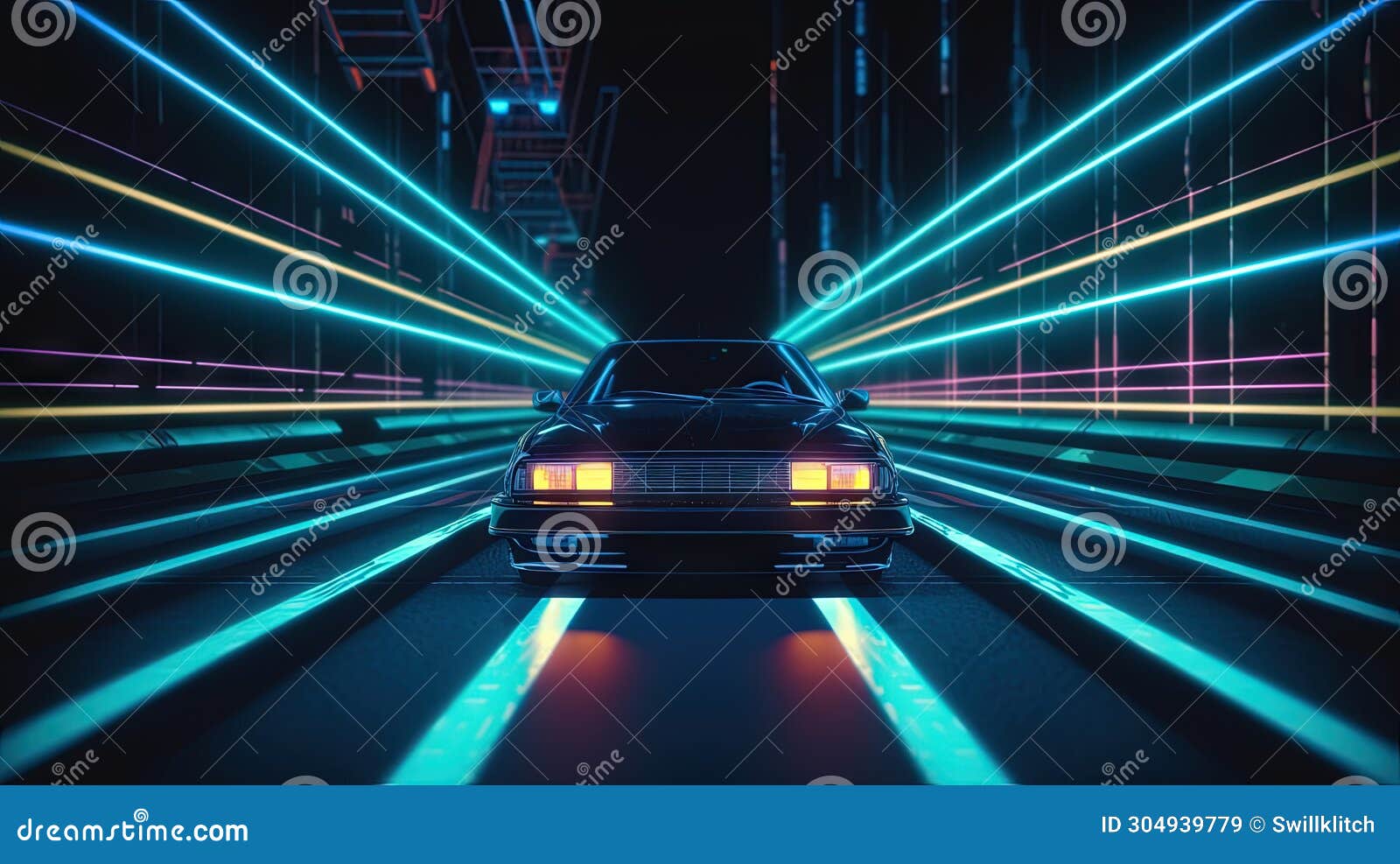 Car Ride on the Neon Road in 80s Retro Synthwave Style. Stock Image ...