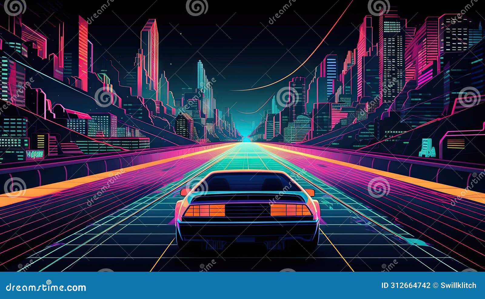 Car Ride on the Neon Road in 80s Retro Synthwave Style. Stock Photo ...