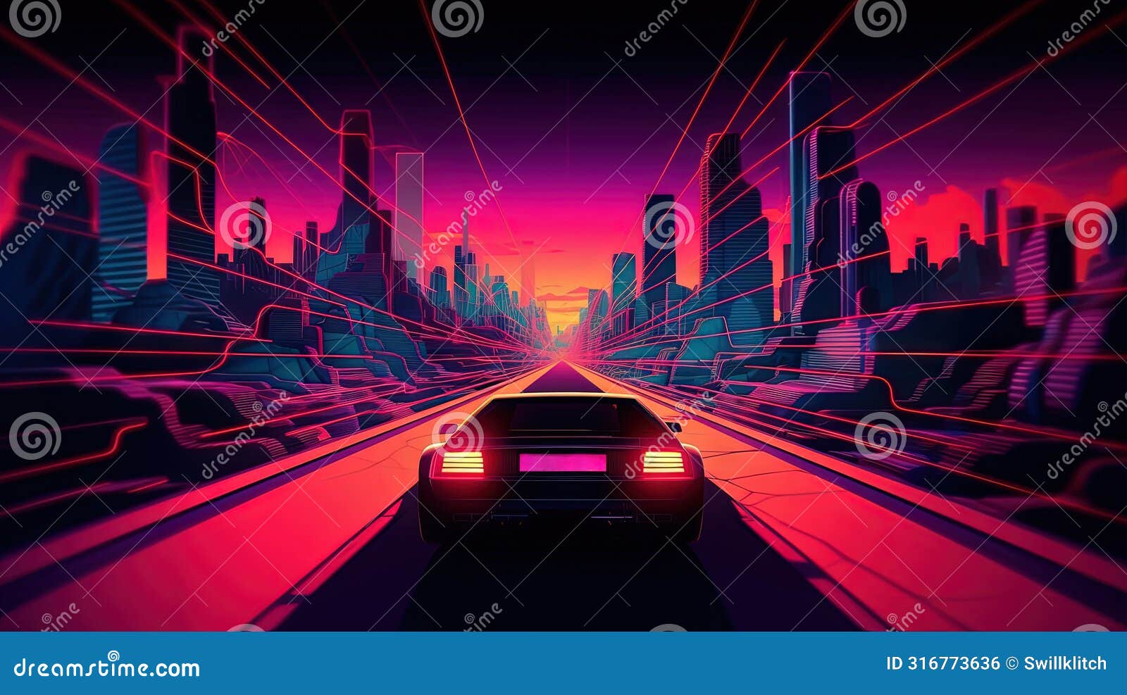 Car Ride on the Neon Road in 80s Retro Synthwave Style. Stock Photo ...