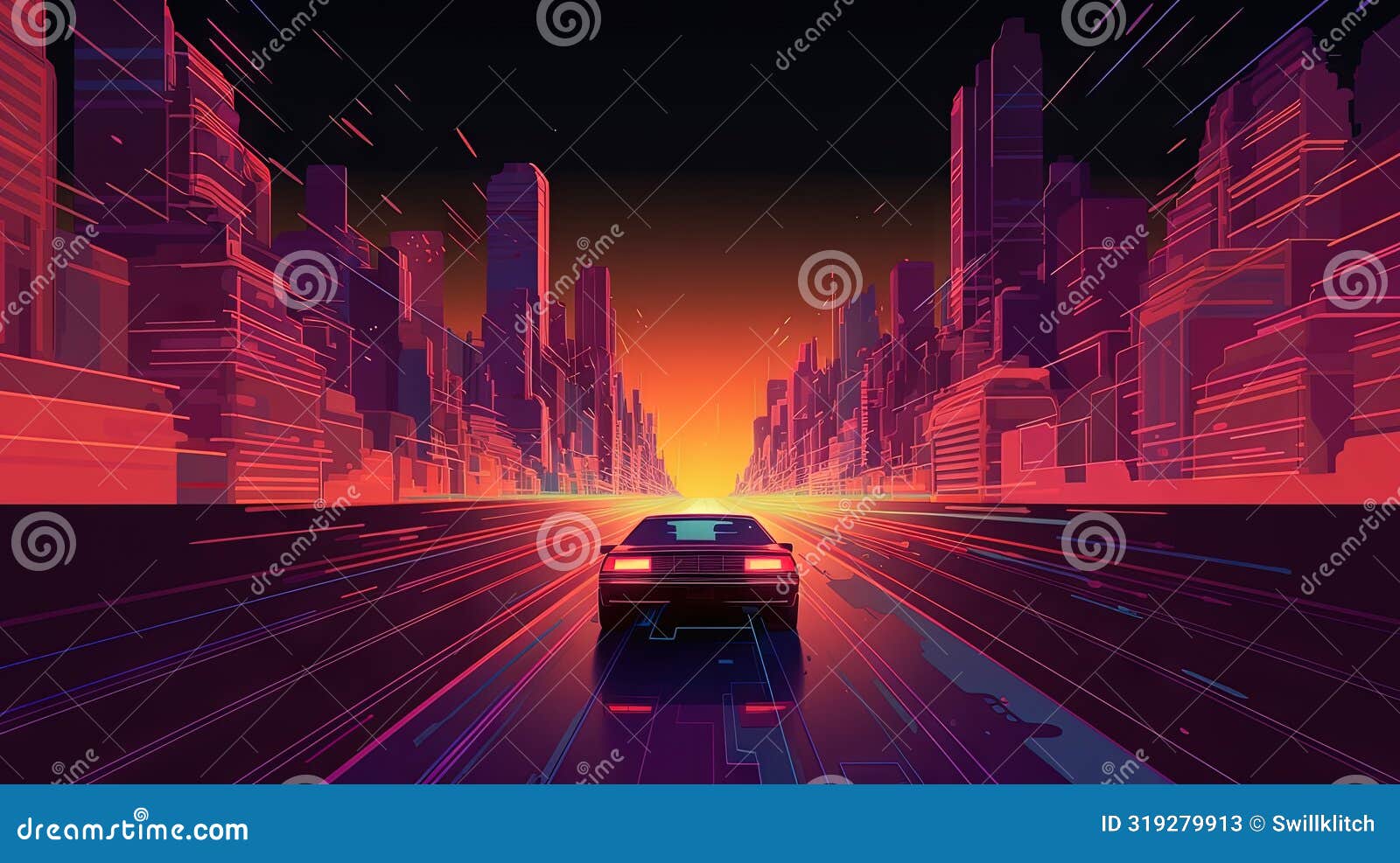 Retro Red Car Synthwave Poster With Vaporwave Sunset, Neon Gradient ...