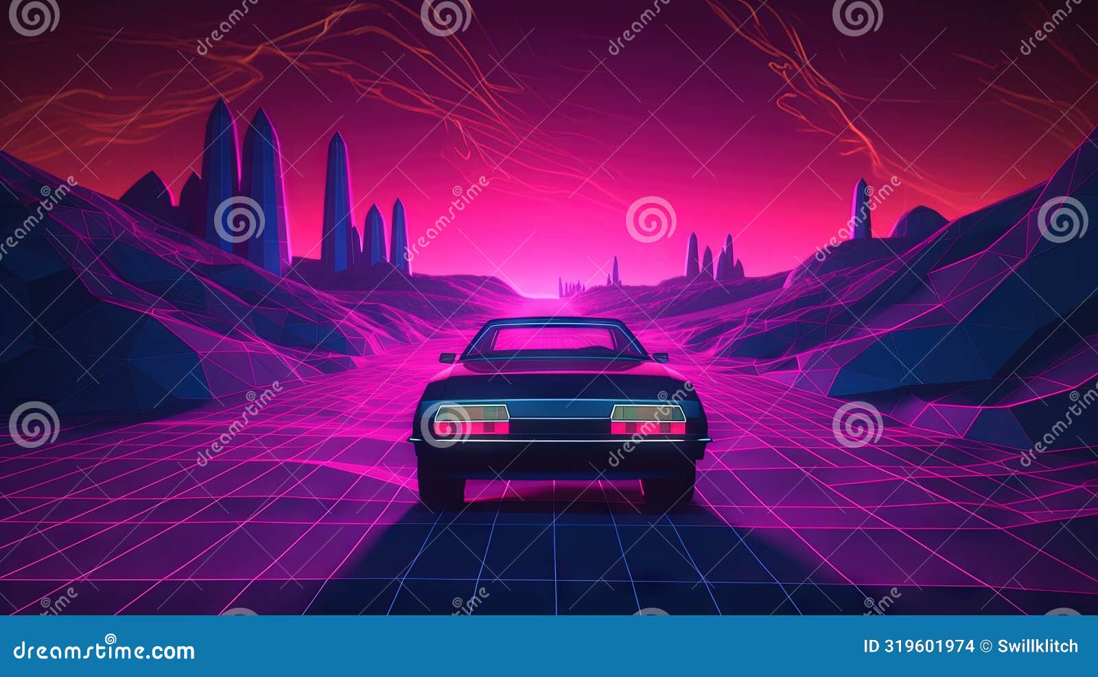 1980s Neon Car 80s Neon Retrowave Car Loop 3d Animation. Car Is