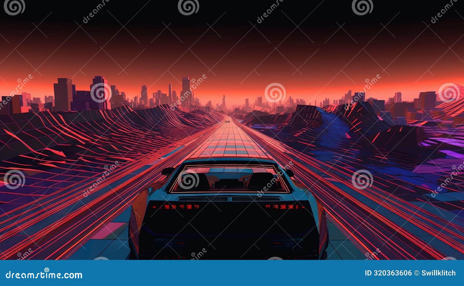 Car Ride on the Neon Road in 80s Retro Synthwave Style. Stock Photo ...