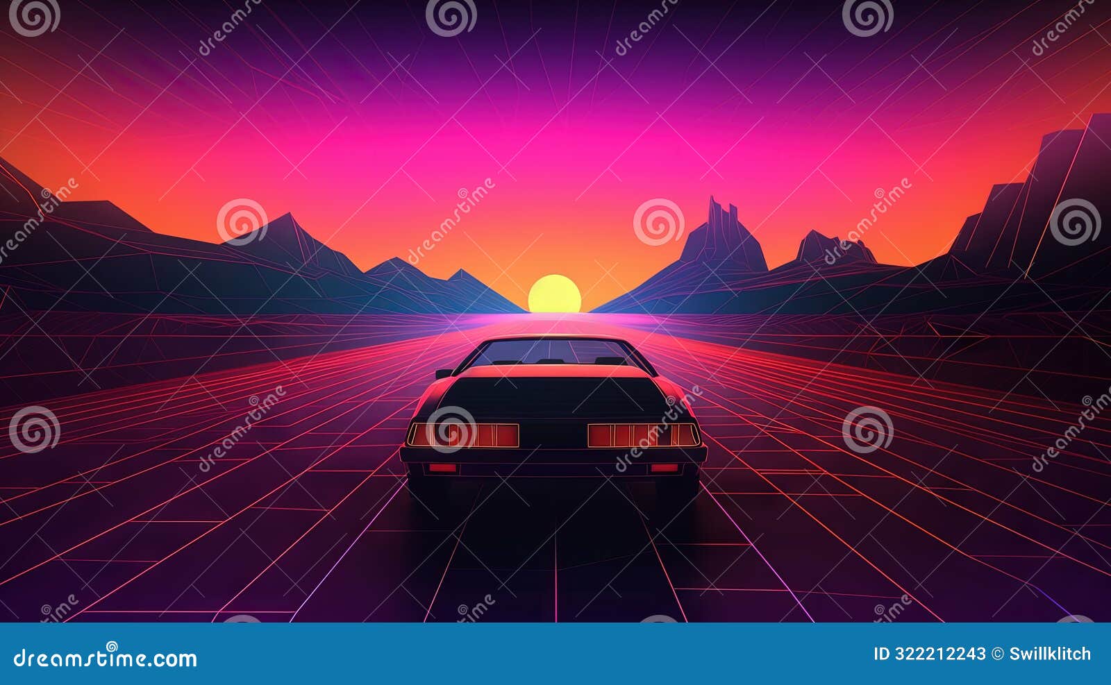 Car Ride on the Neon Road in 80s Retro Synthwave Style. Stock Image ...