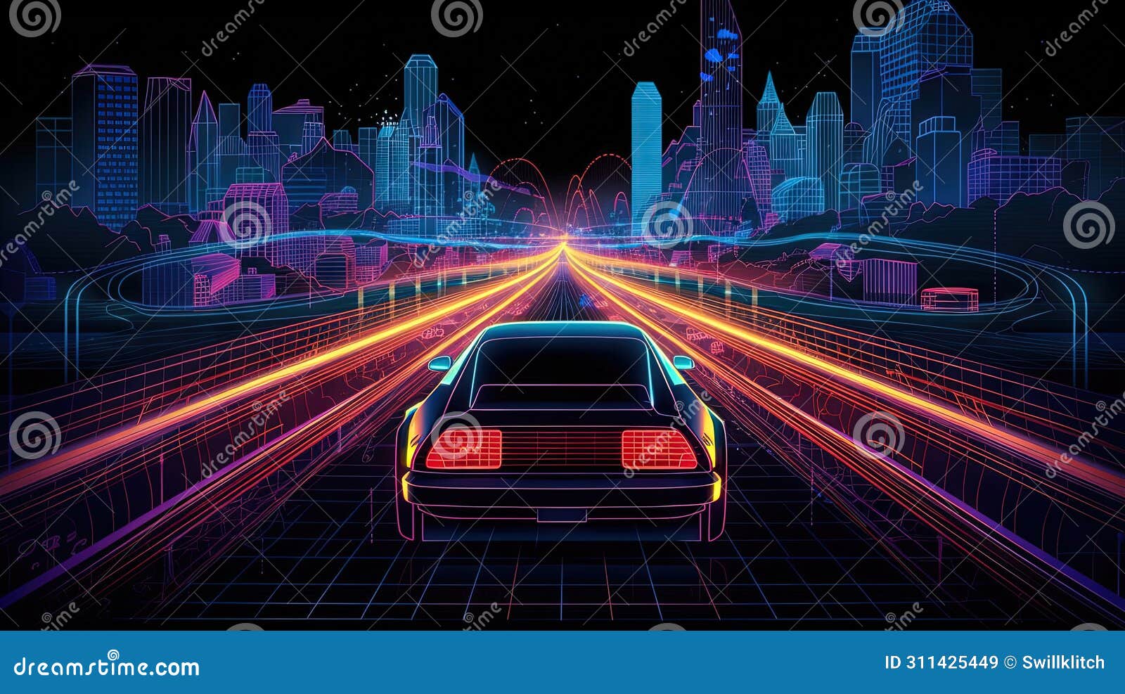 Car Ride on the Neon Road in 80s Retro Synthwave Style. Stock Image ...
