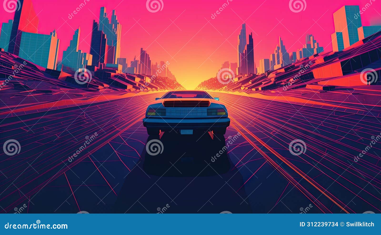 Car Ride on the Neon Road in 80s Retro Synthwave Style. Stock Photo ...