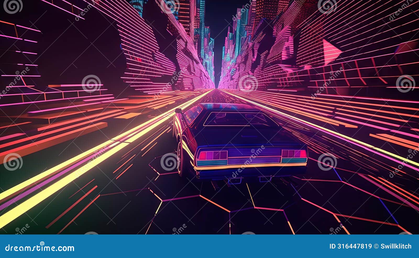 Car Ride on the Neon Road in 80s Retro Synthwave Style. Stock Image - Image of light, 1980: ...