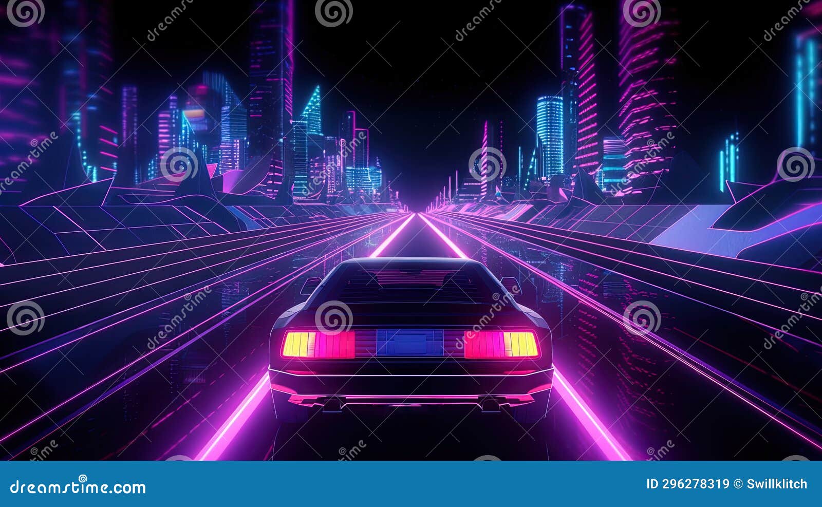 Car Ride on the Neon Road in 80s Retro Synthwave Style. Generated AI ...