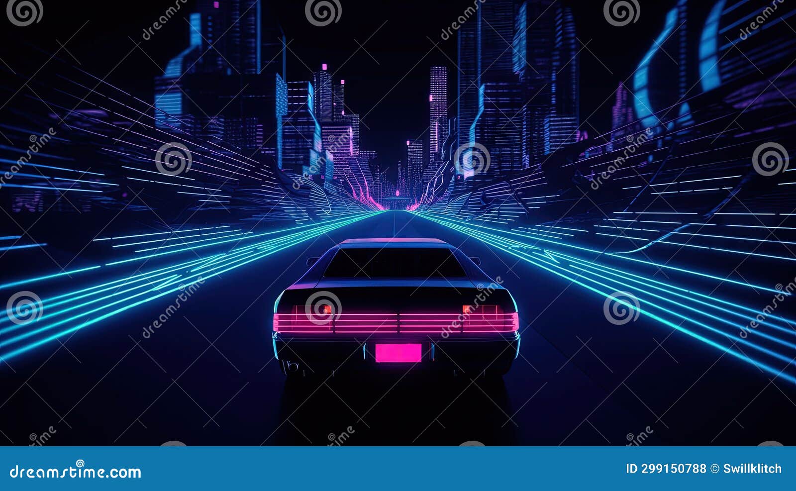 Car Ride on the Neon Road in 80s Retro Synthwave Style. Generated AI ...