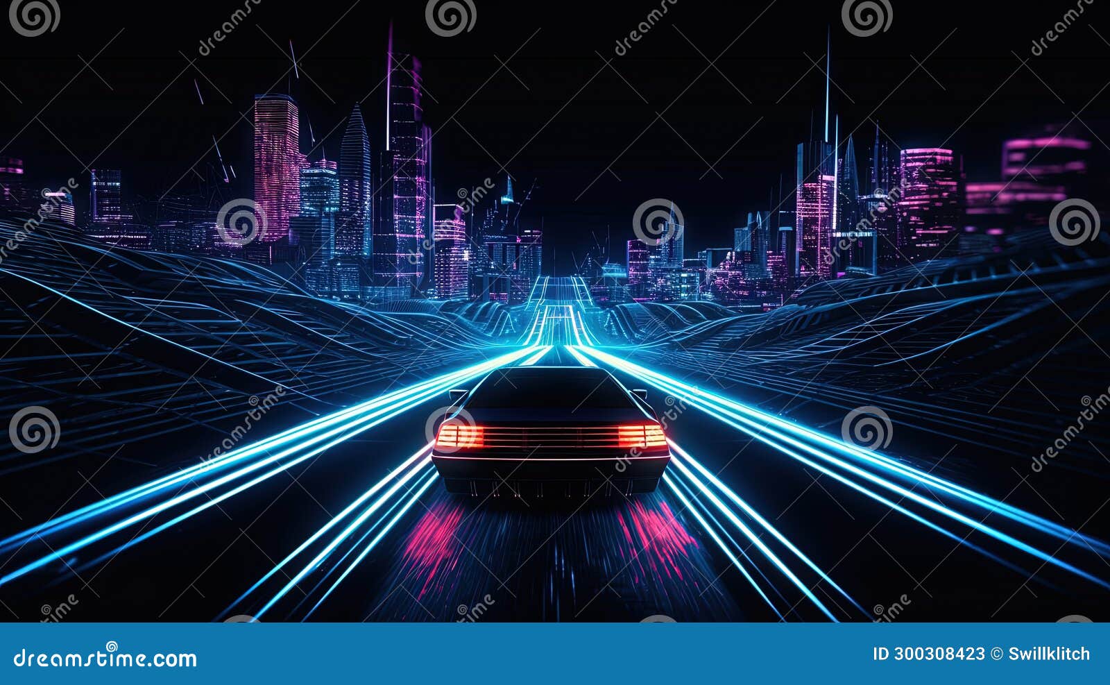 Car Ride on the Neon Road in 80s Retro Synthwave Style. Generated AI ...