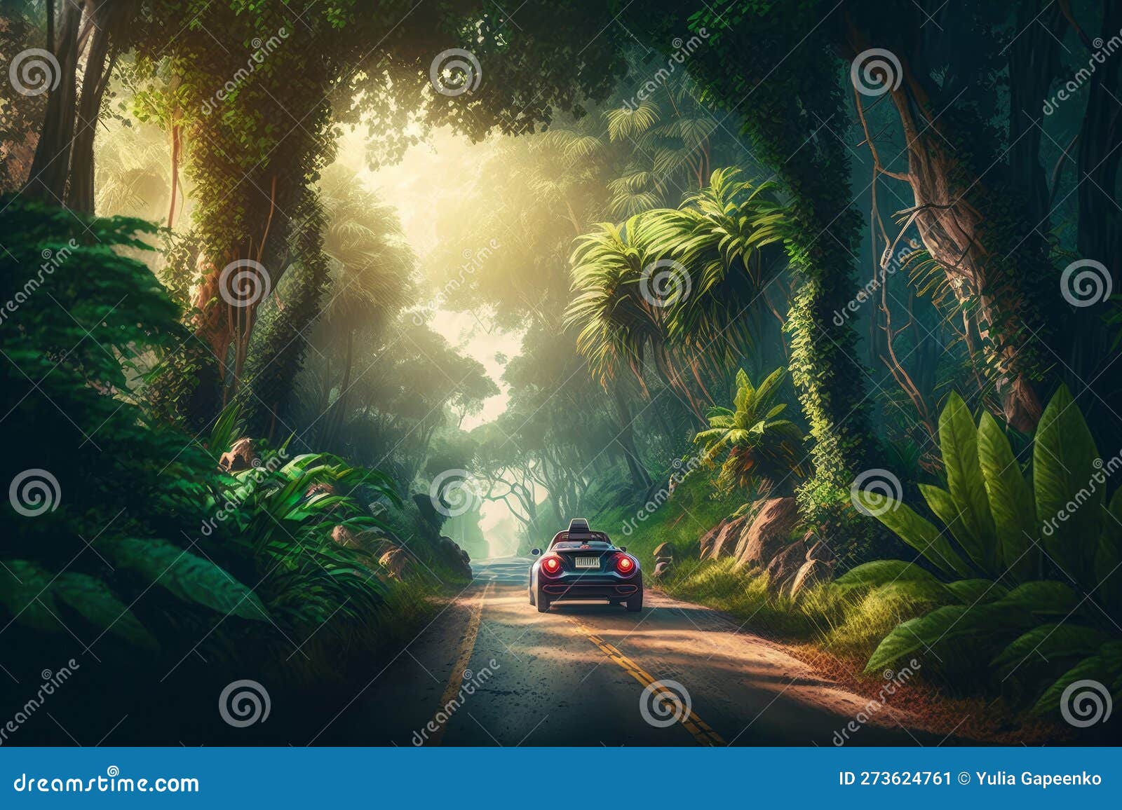 Car Riding on Road in Tropical Forest. Illustration AI Generative Stock ...