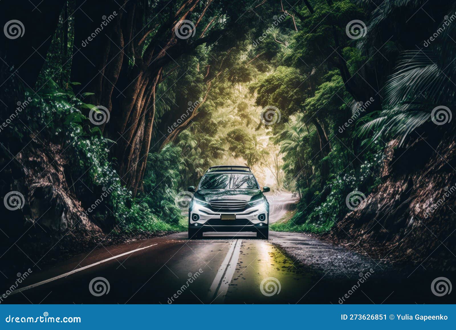 Car Riding on Road in Tropical Forest. Illustration AI Generative Stock ...
