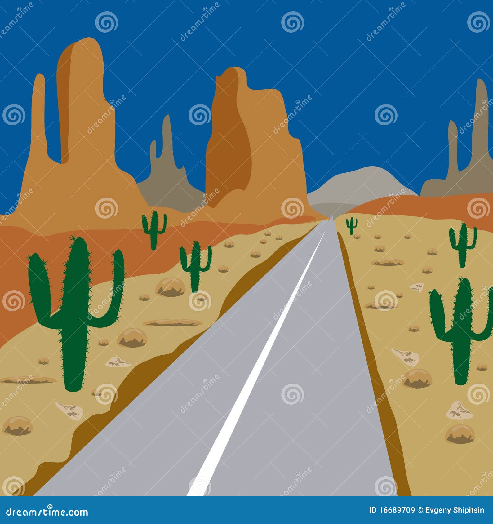 Car Road Amongst Cactus and Sand Stock Illustration - Illustration of ...