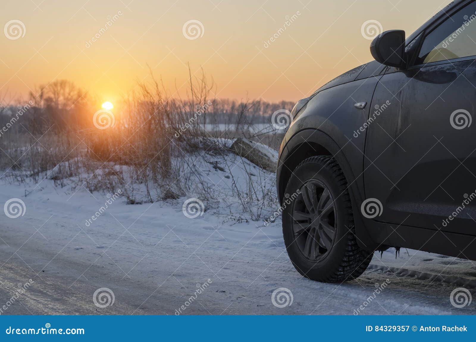 Car on the Road in Morning Sunrise Stock Image - Image of snow, risk ...