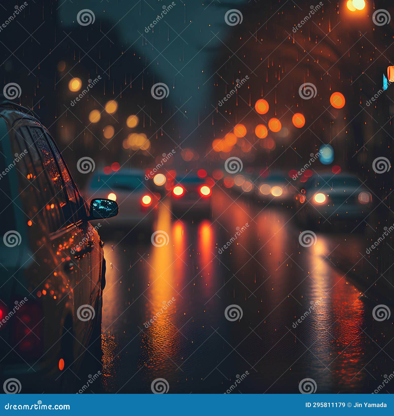 Car on the Road in the Rain. Blurred City Background Stock Illustration ...