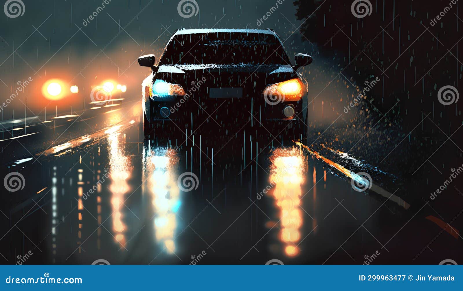 Car on the Road in the Rain at Night. 3d Rendering Stock Illustration ...