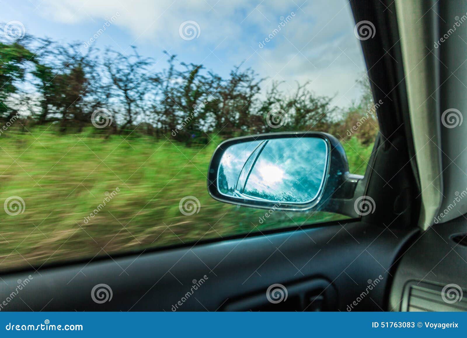 Car on the Road and Rear View Mirror Stock Image - Image of speed ...