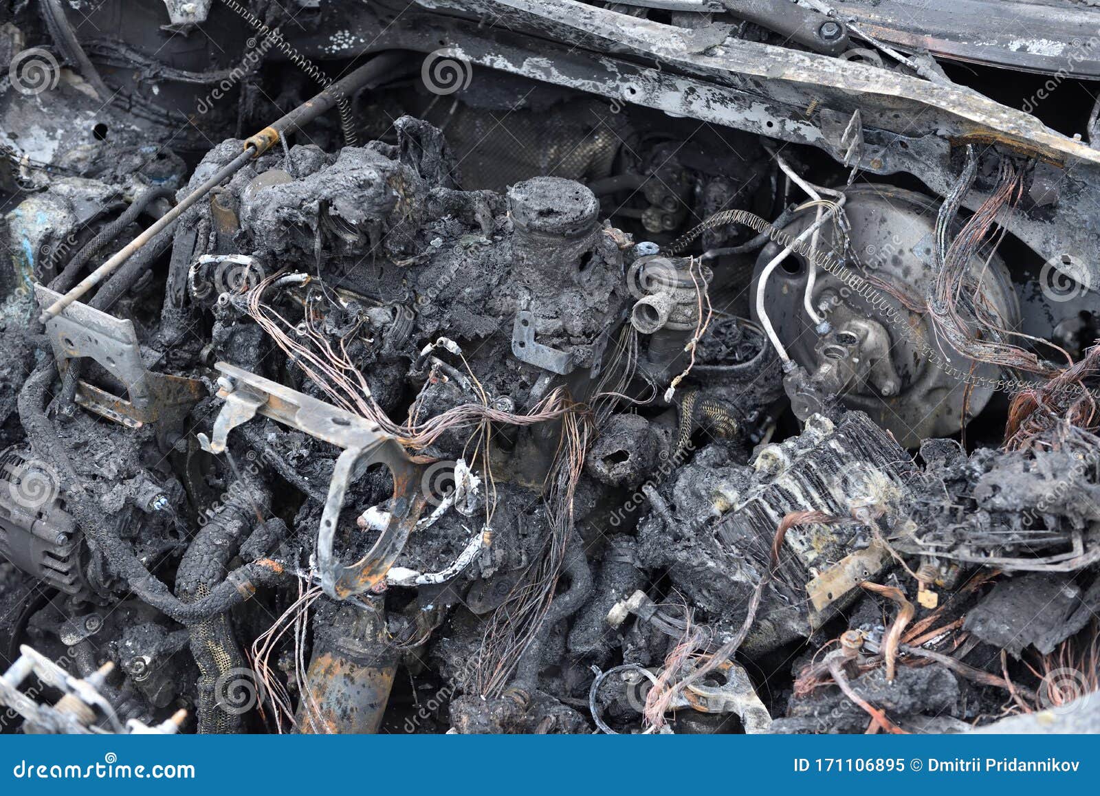 The Car`s Engine after the Fire. Burned Out Car Engine, Side View Stock ...
