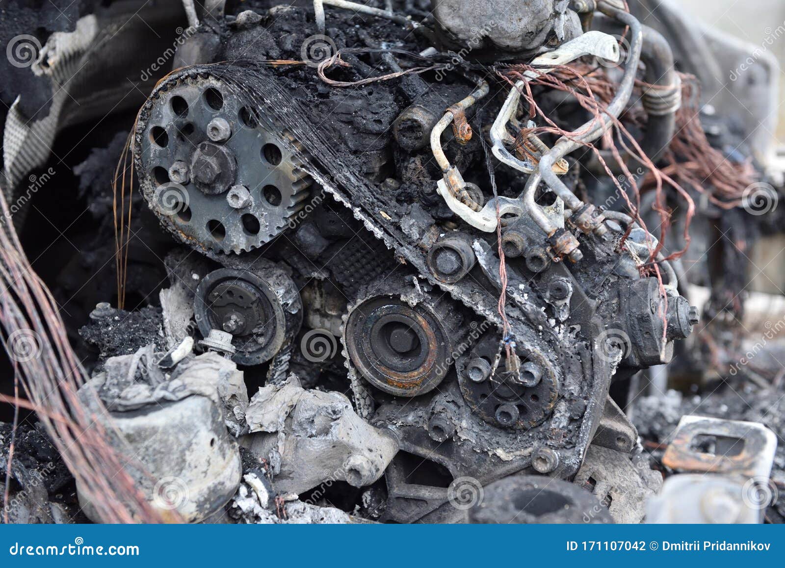 The Car`s Engine after the Fire. Burned Out Car Engine, Side View Stock ...