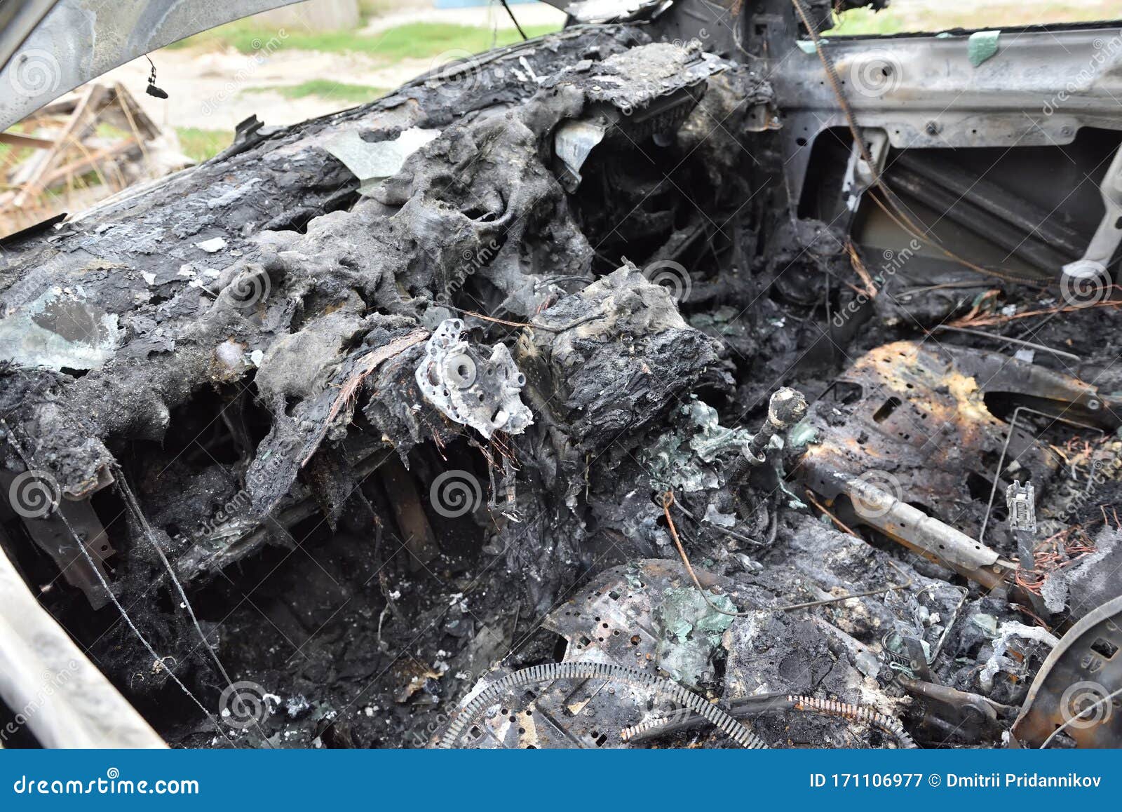 The Car Salon after a Fire. Burned Car Interior after a Fire, Front ...