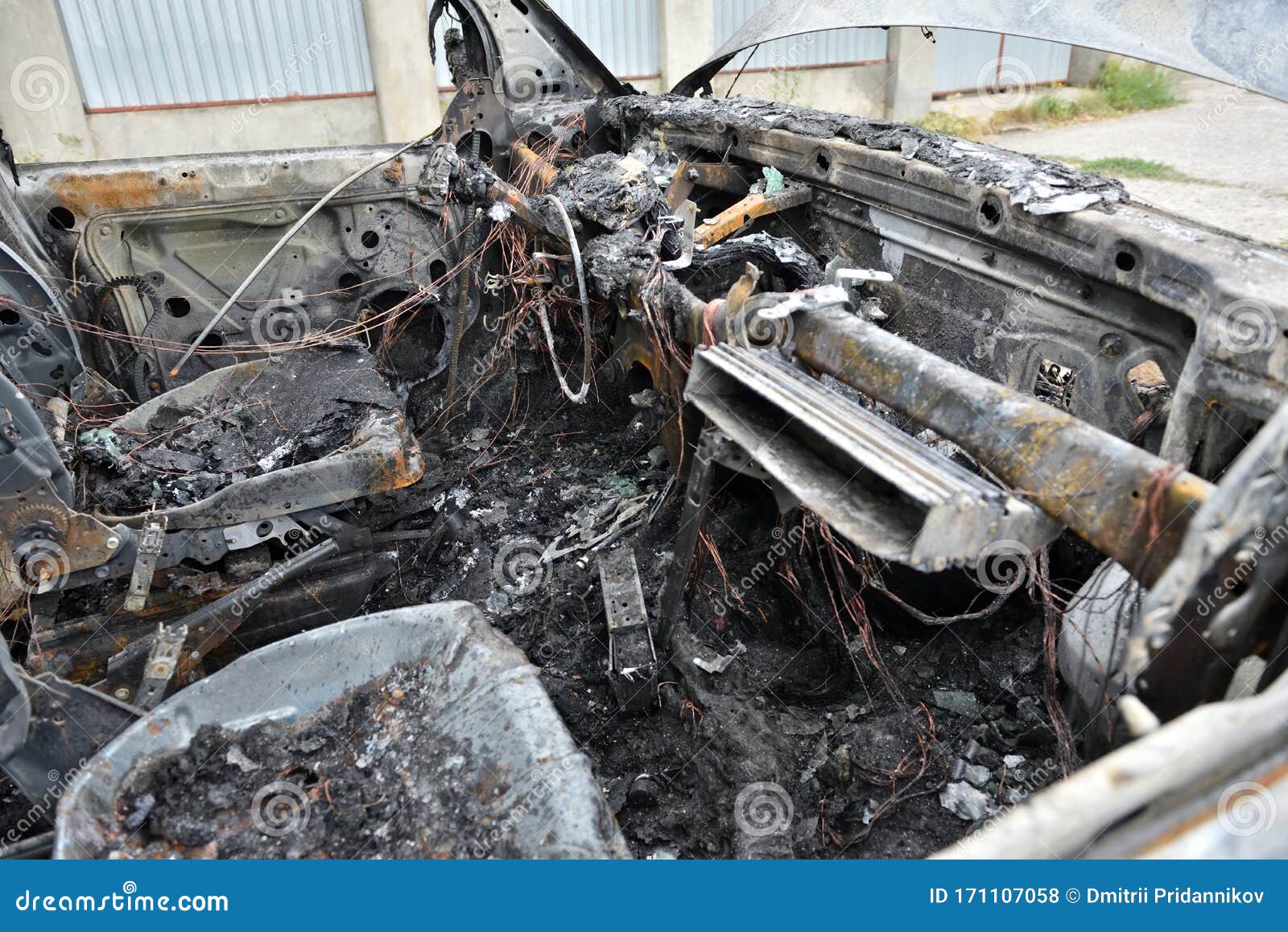 The Car Salon after a Fire. Burned Car Interior after a Fire, Front ...