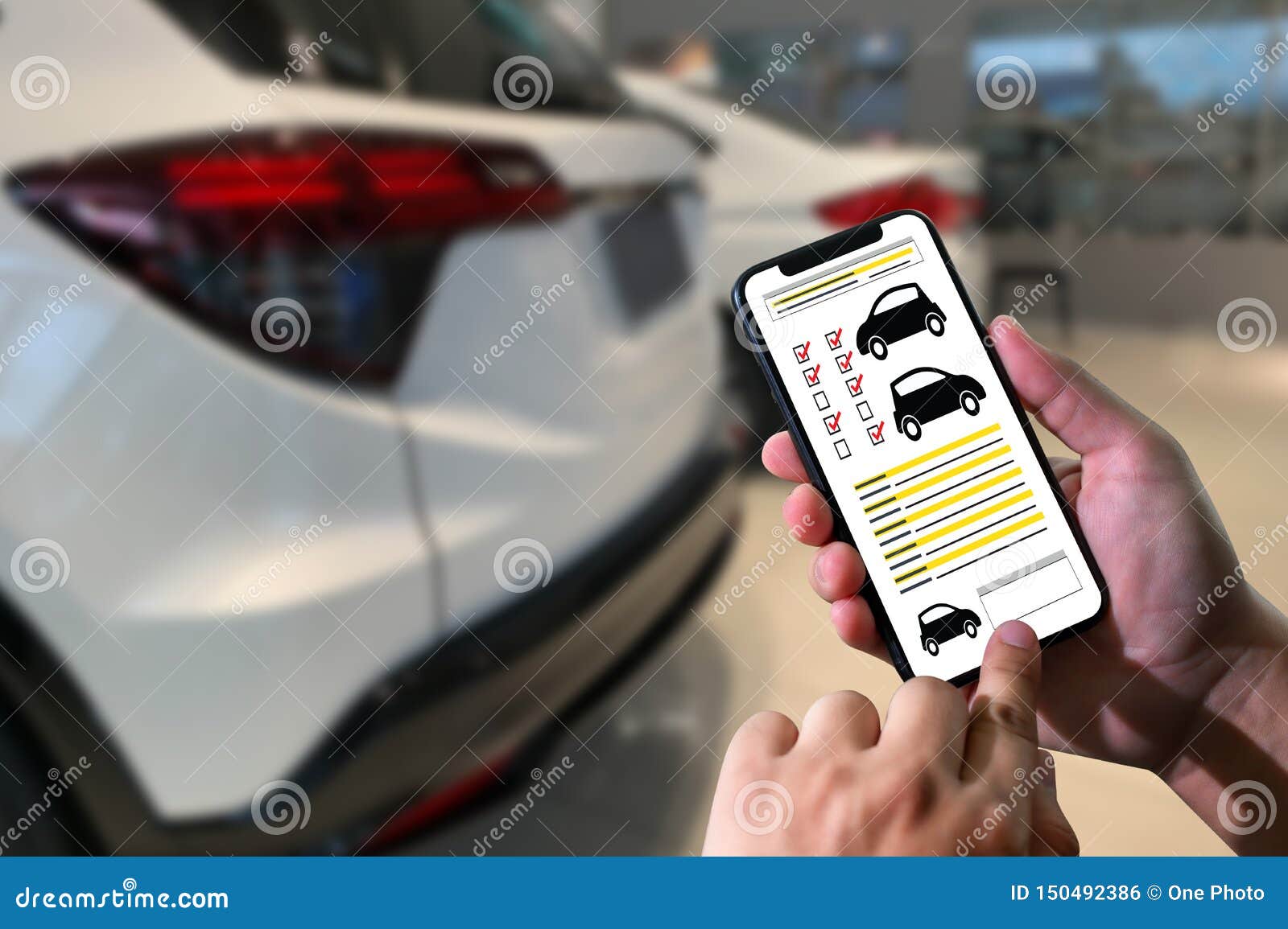 Car Service Holding the Check List while Car Mechanic Fixing New Car ...