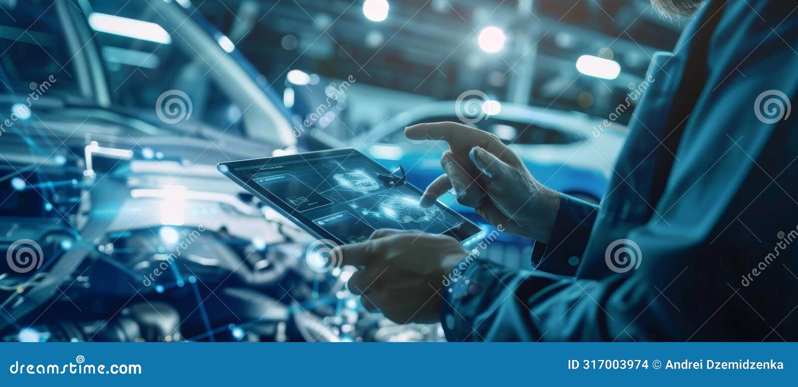 Car Service Manager or Mechanic Uses a Tablet Computer with Futuristic ...