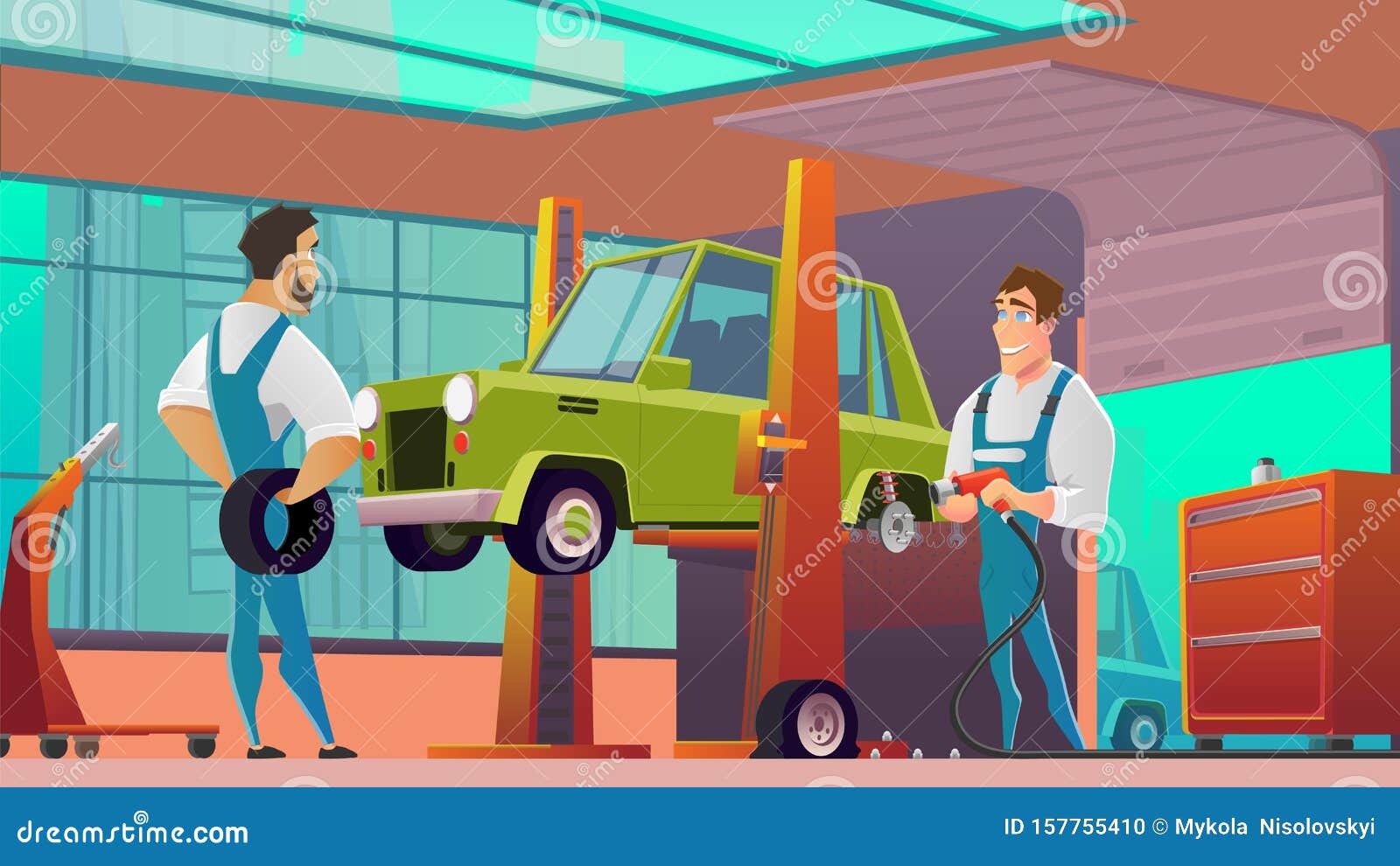 Car Service Workers at Workshop Cartoon Vector Stock Illustration ...