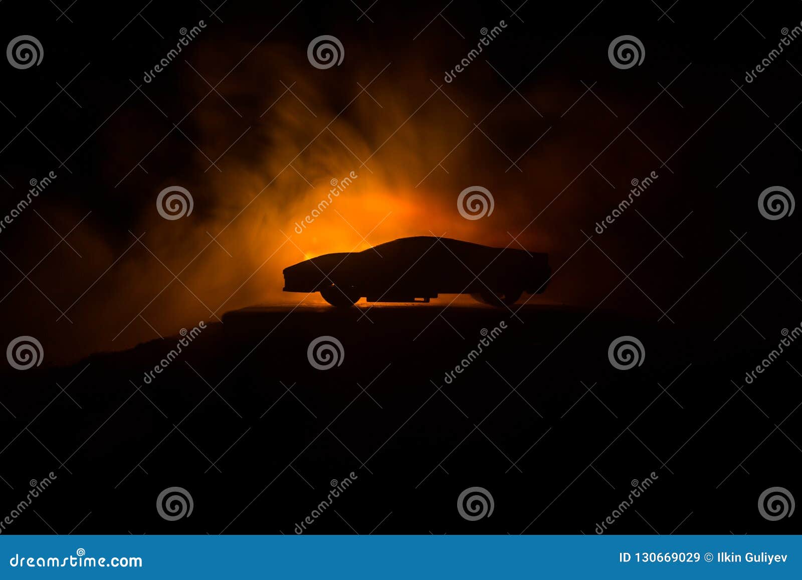 The Car in the Shadows with Glowing Lights in Low Light, or Silhouette ...