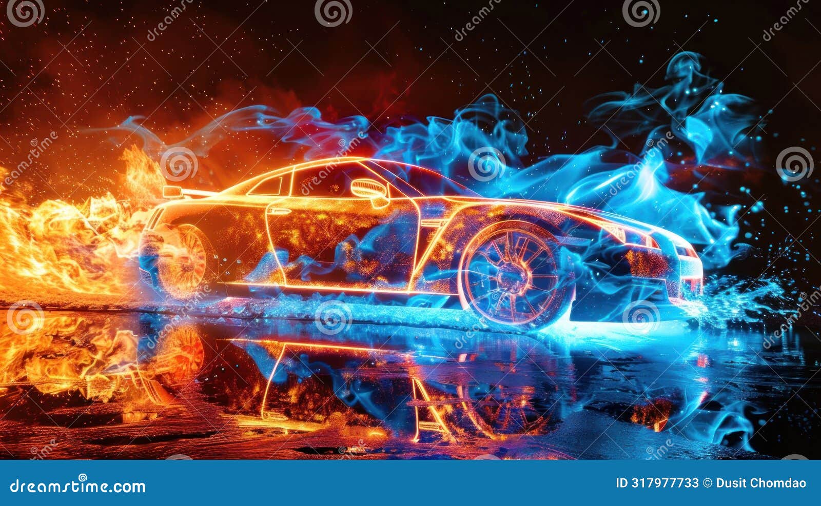 A Car is Shown in a Painting with a Fire Engine Behind it Stock Image ...