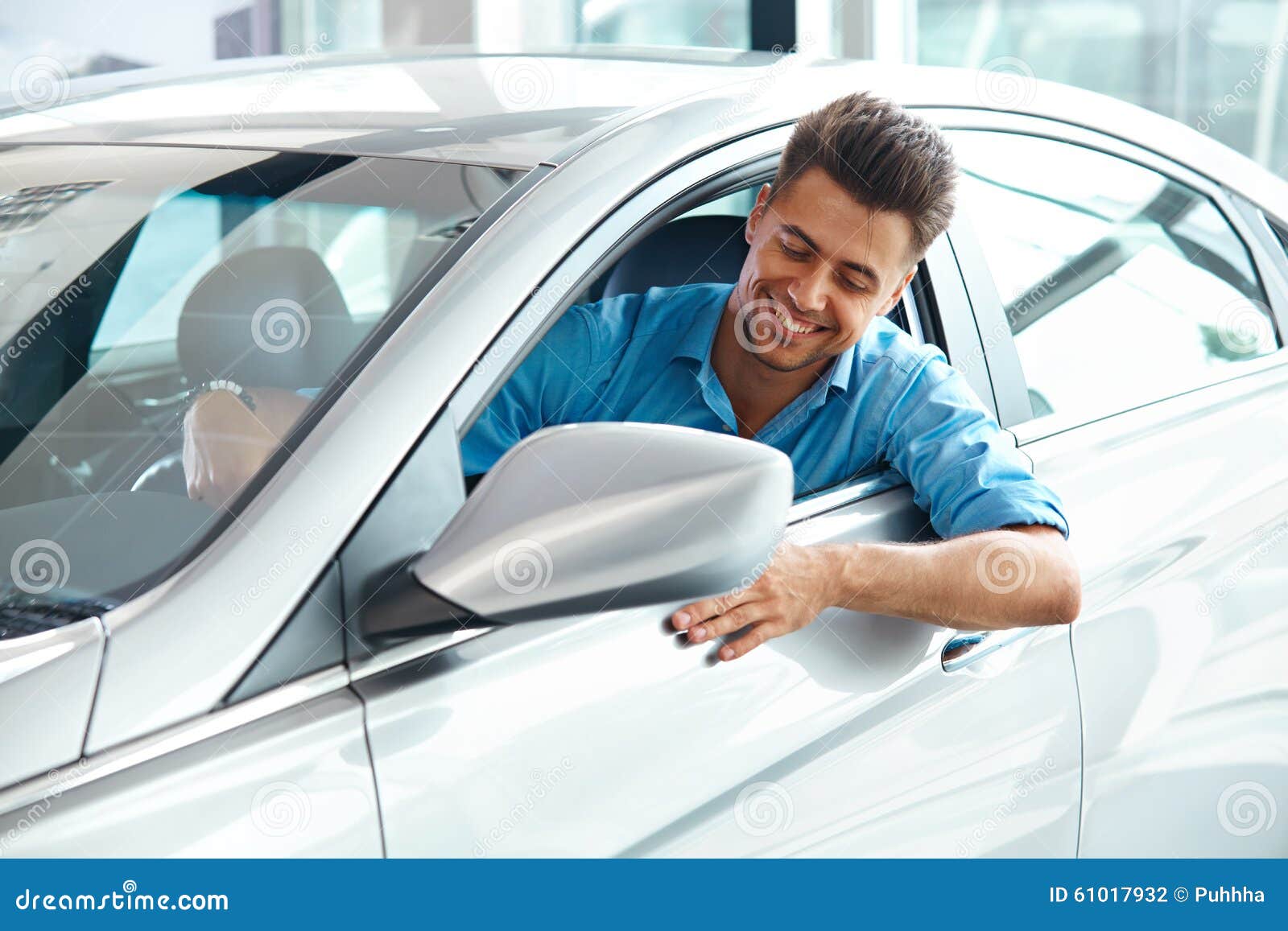 Car Showroom. Happy Man Inside Car of His Dream. Stock Photo - Image of ...