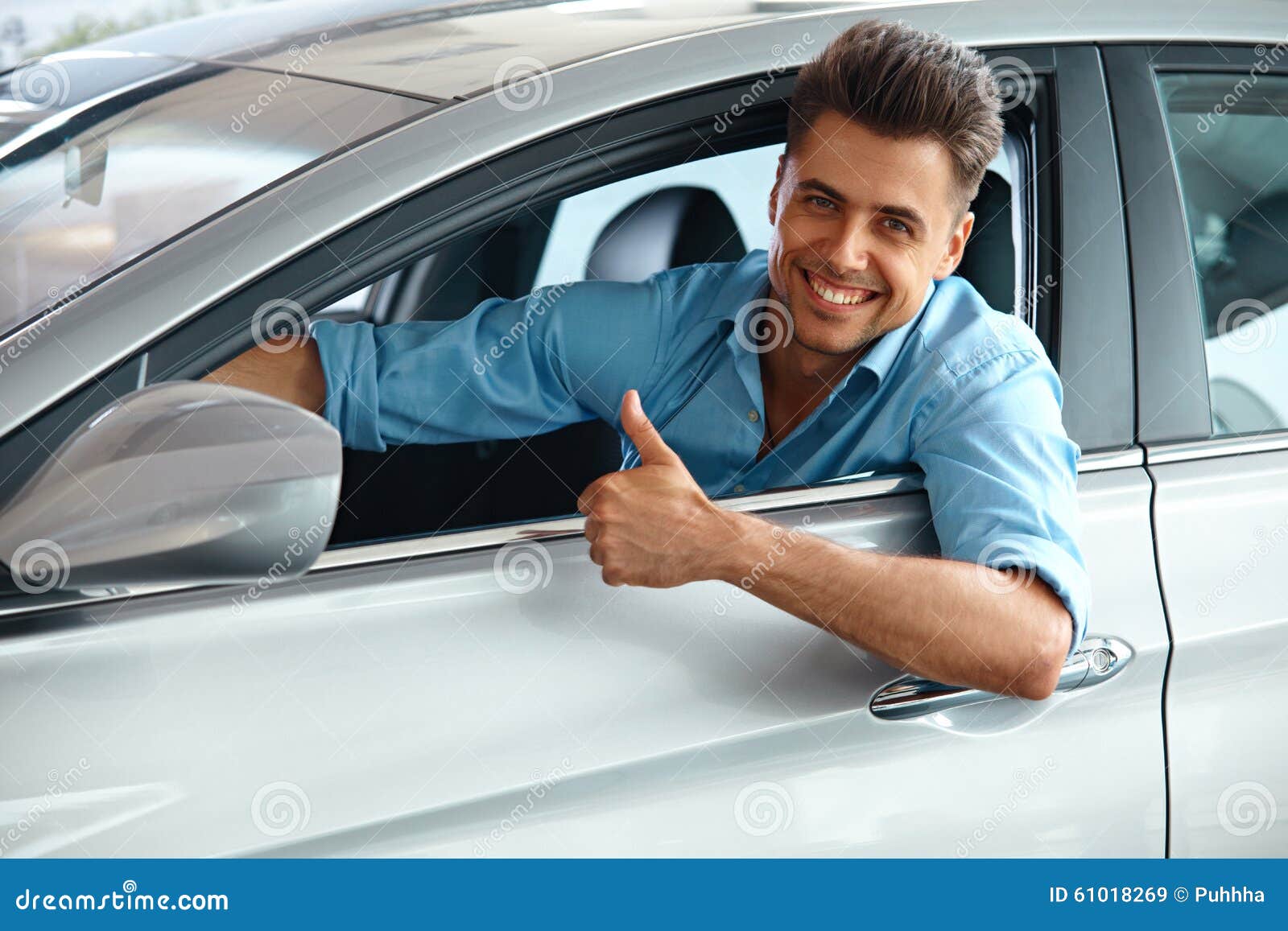 Car Showroom. Happy Man Inside Car of His Dream. Stock Image - Image of ...