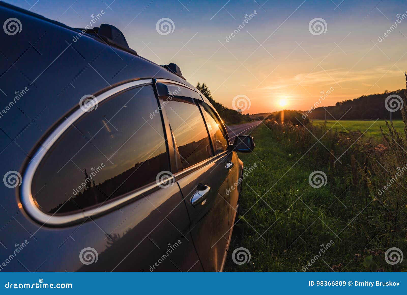 Car on the Side of the Road Sunset Stock Image - Image of reflection ...