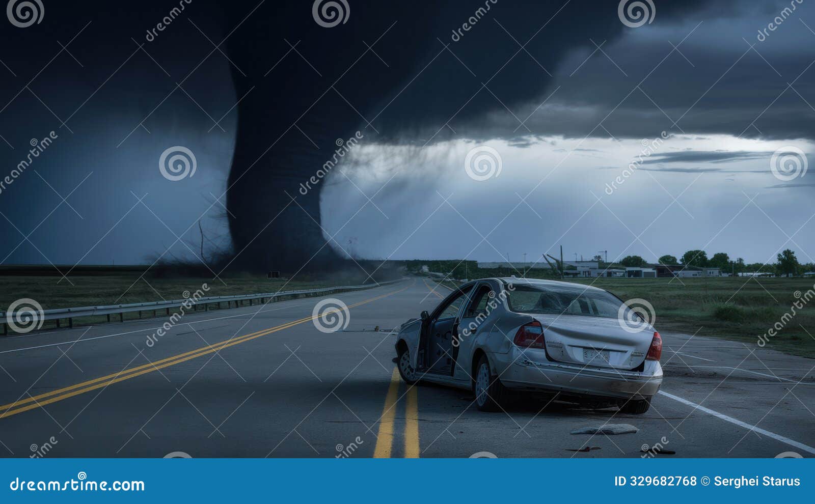 A Car on the Side of a Road with Tornado in Background, AI Stock Photo ...