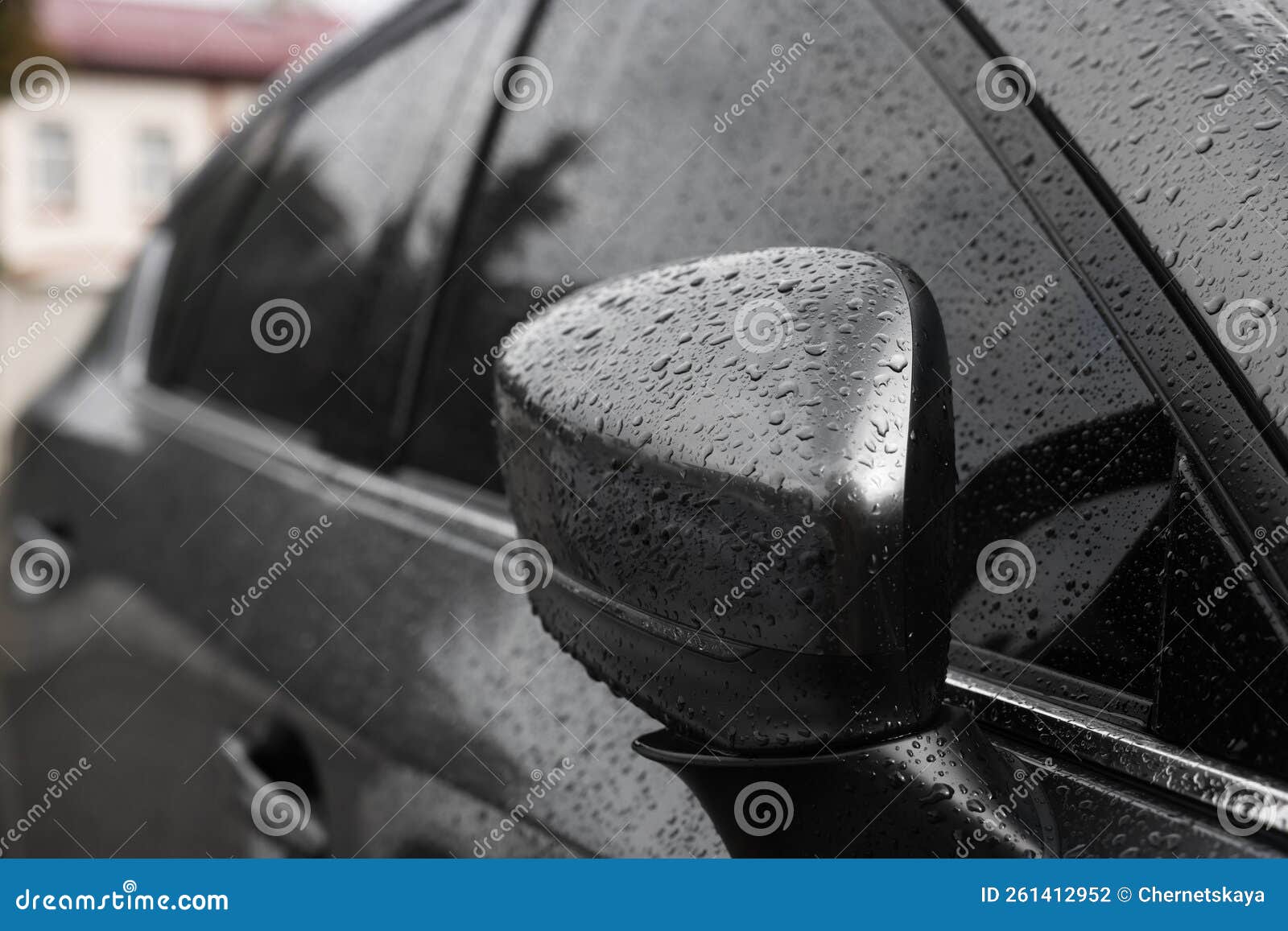 Car with Side View Mirror in Drops of Water Outdoors, Closeup Stock ...