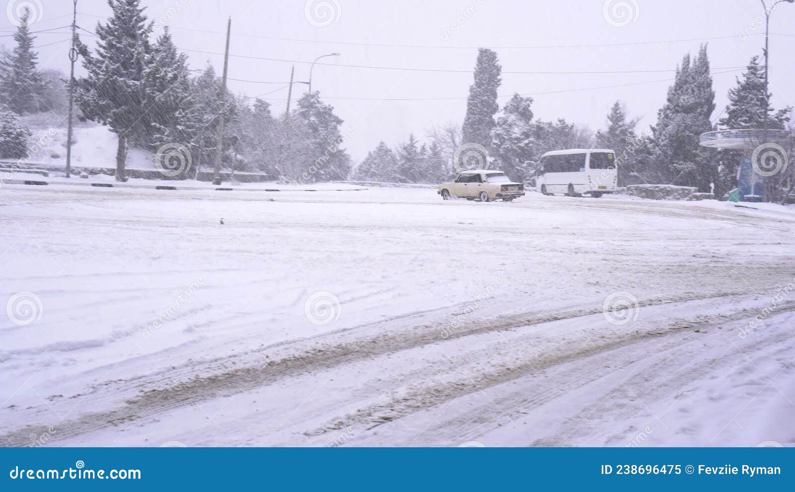 The Car Skidded on a Slippery Road on a Turn during a Snowfall Stock ...