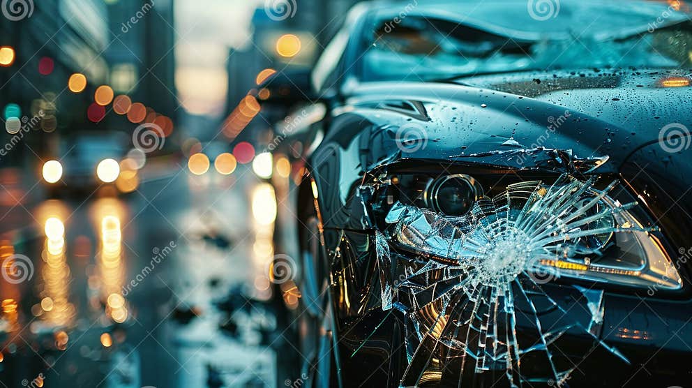 Car with a Smashed Windshield at Night. Stock Image - Image of ...