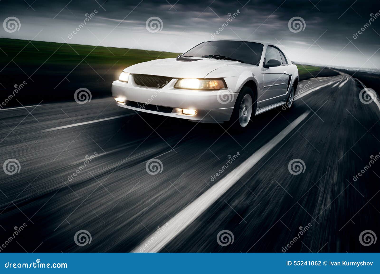 Car Speed Drive Fast on the Road at Cloudy Sky Ford Mustang Stock Photo ...