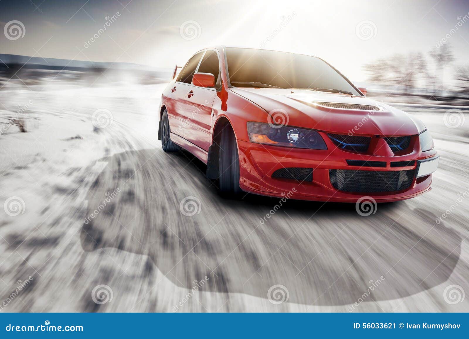 Fast Drive Car Speed on the Road Turn at Winter Mitsubishi Lancer ...