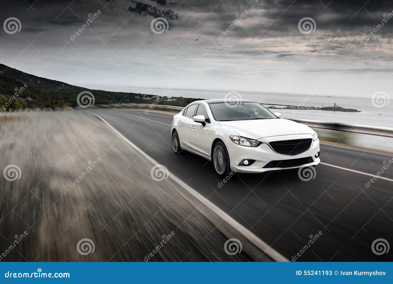 Car Speed Fast Drive on the Road Near Sea at Summertime Cloudy Sky ...