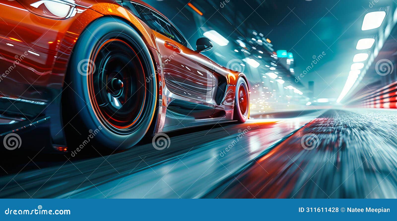 A Car is Speeding Down a Road with a Bright Orange Wheel. Generative AI ...