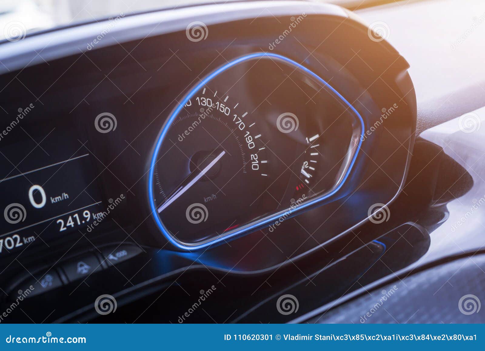 Car Speedometer Close Up. Modern Blue Interior Design Stock Image ...
