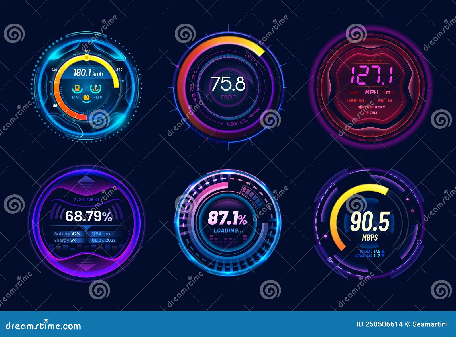 Car Speedometer Gauges, Neon Light Panel Dials Stock Vector ...