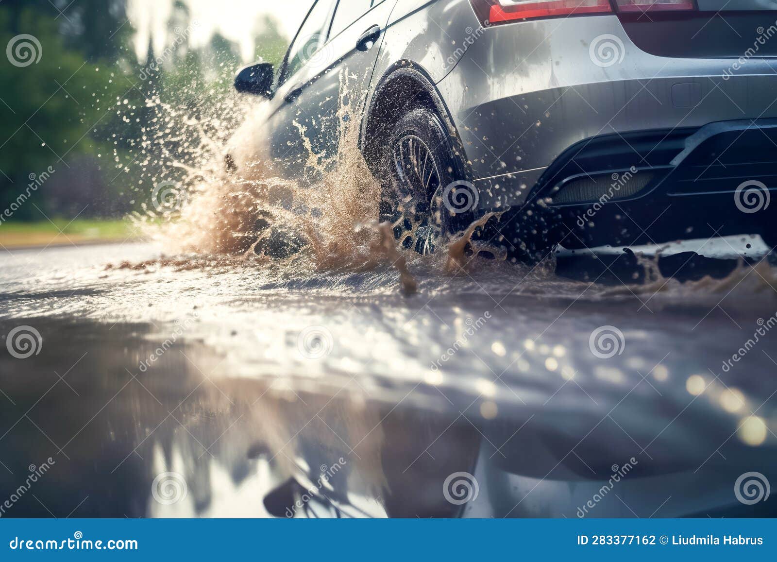 Car Splashing Water on the Side of the Road during a Flood. Generative ...