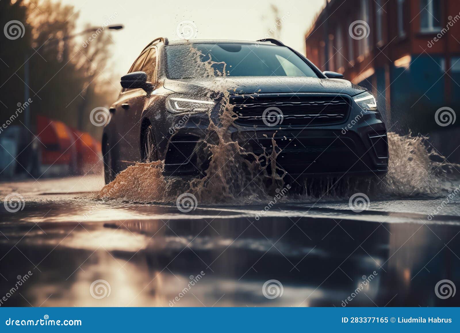 Car Splashing Water on the Side of the Road during a Flood. Generative ...