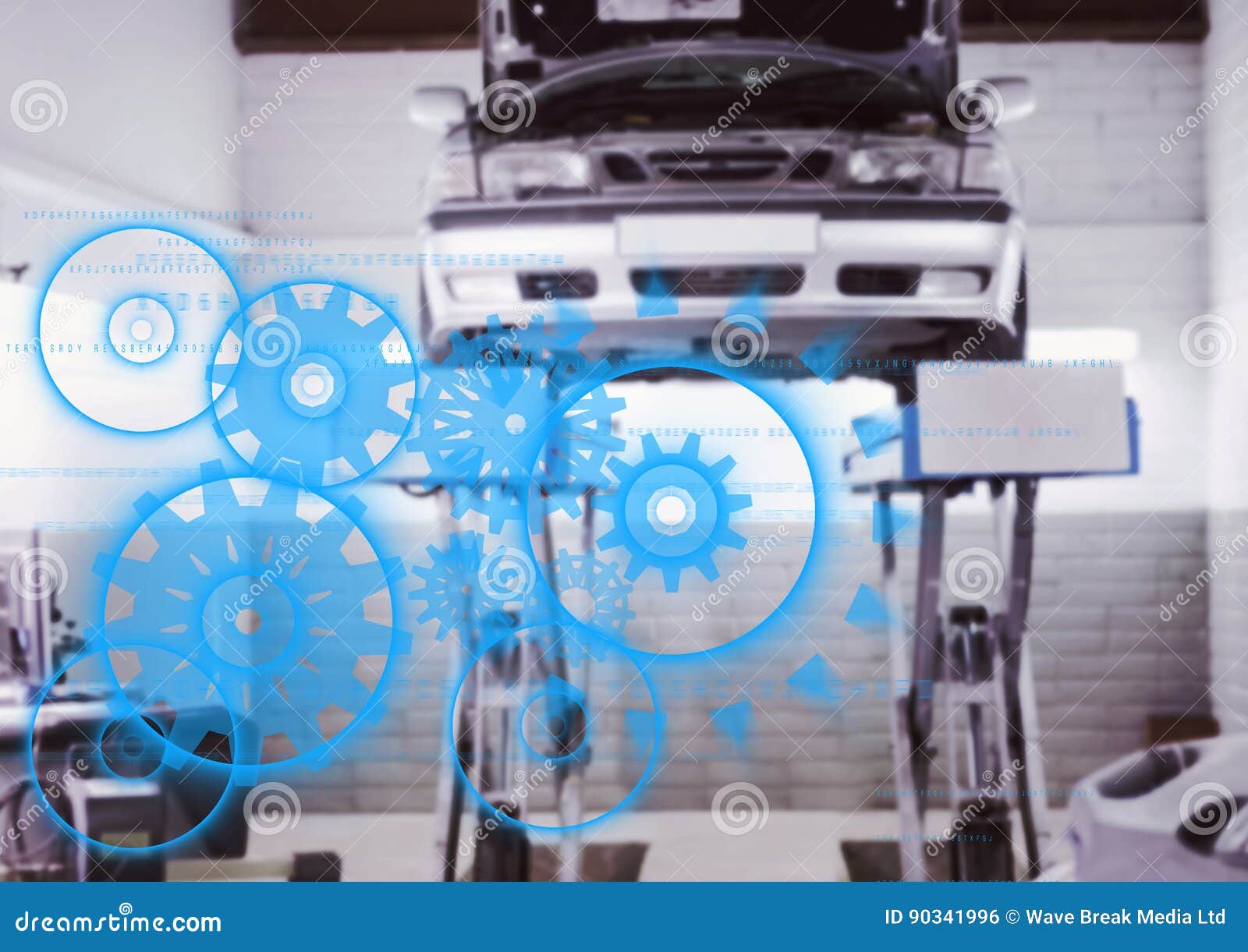 Car on Stand with Blue Gear Graphics Stock Photo - Image of garage ...